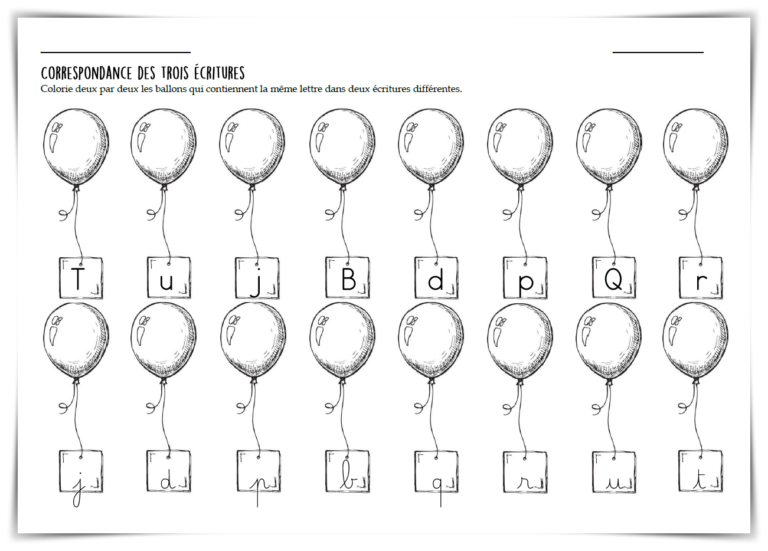 Ballons – Correspondance des lettres dans les 3 écritures – GS